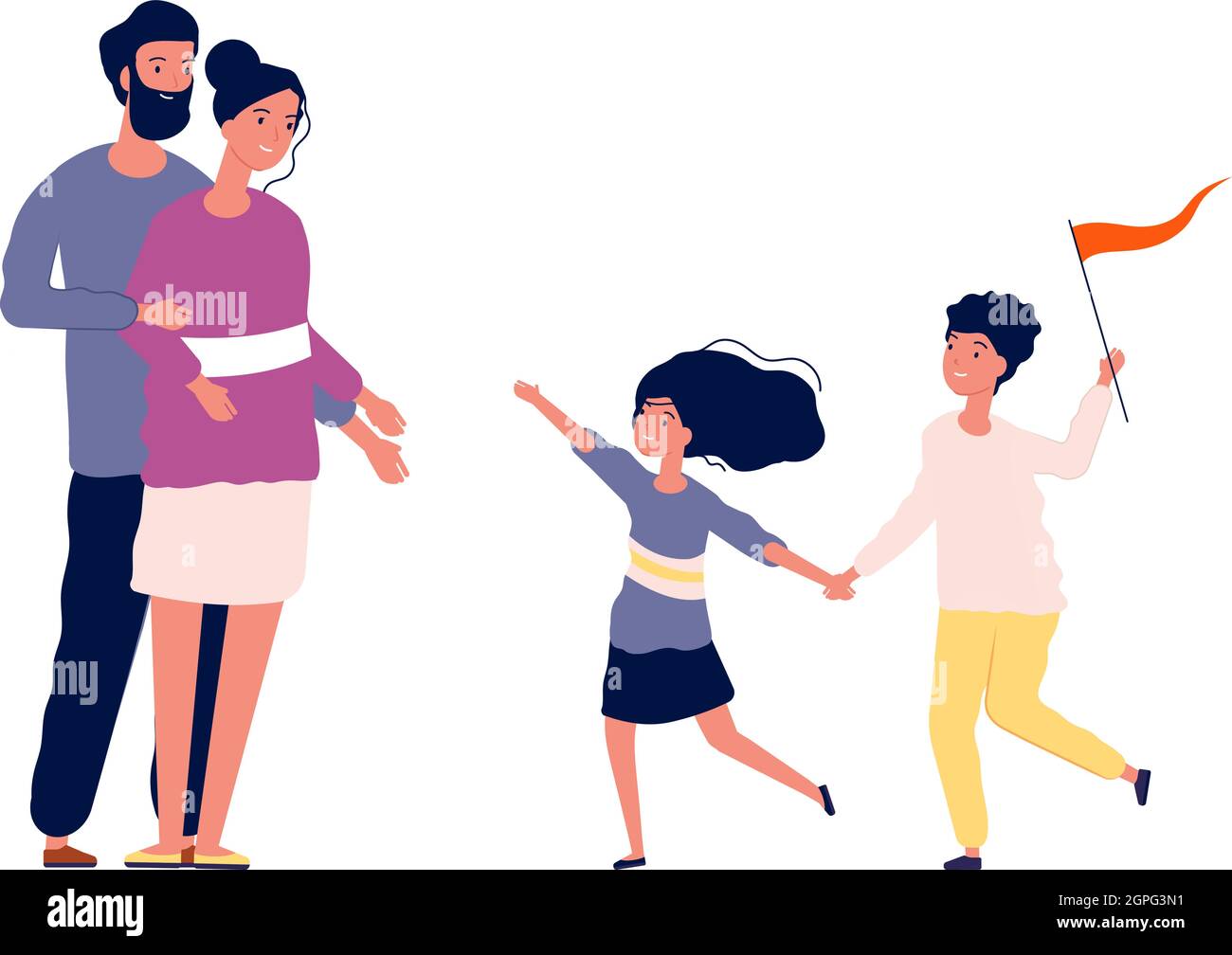 Family together. Happy children running to parents. Mother father ...