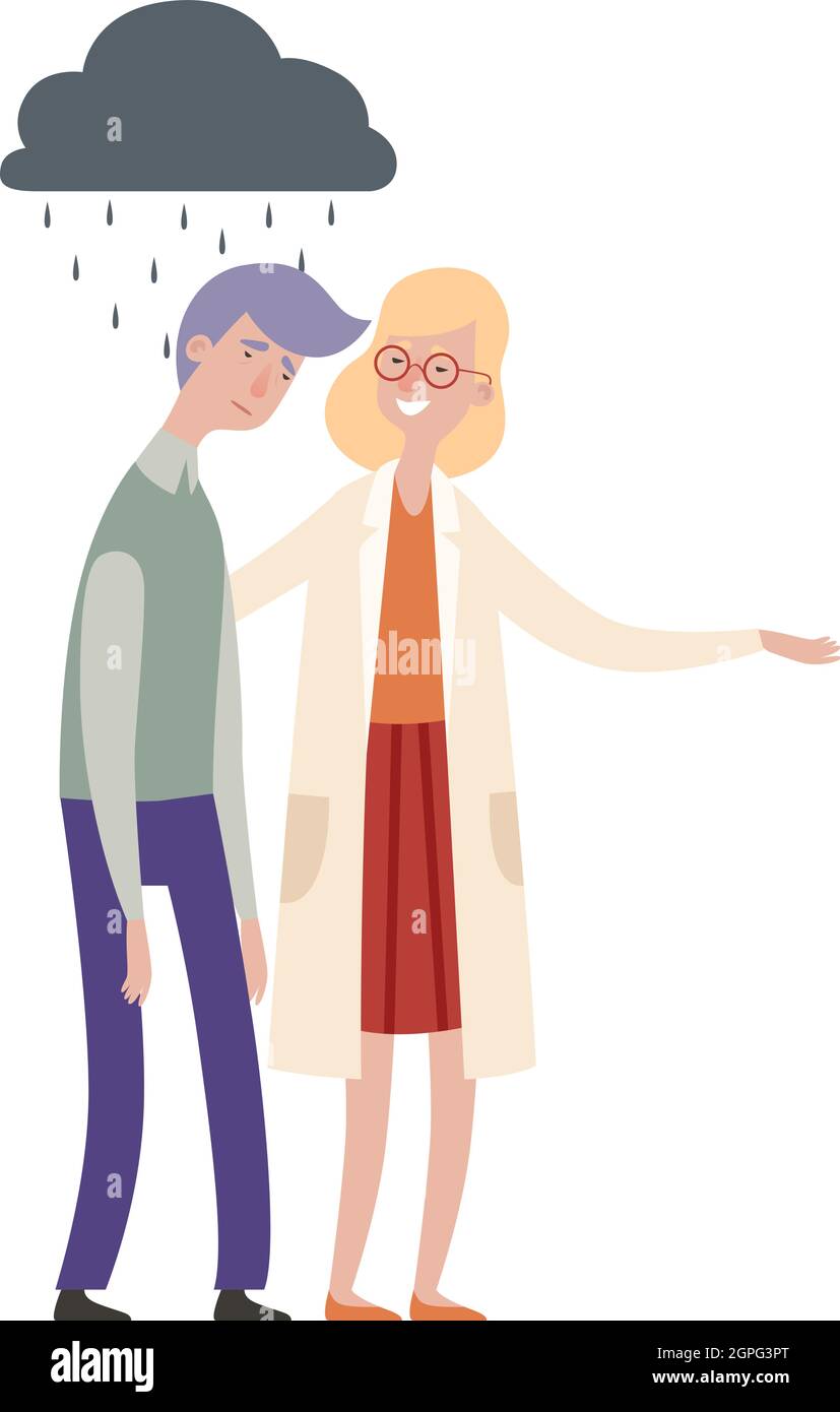 Doctor and patient. Mental disorder, sad man and psychotherapist. Flat ...