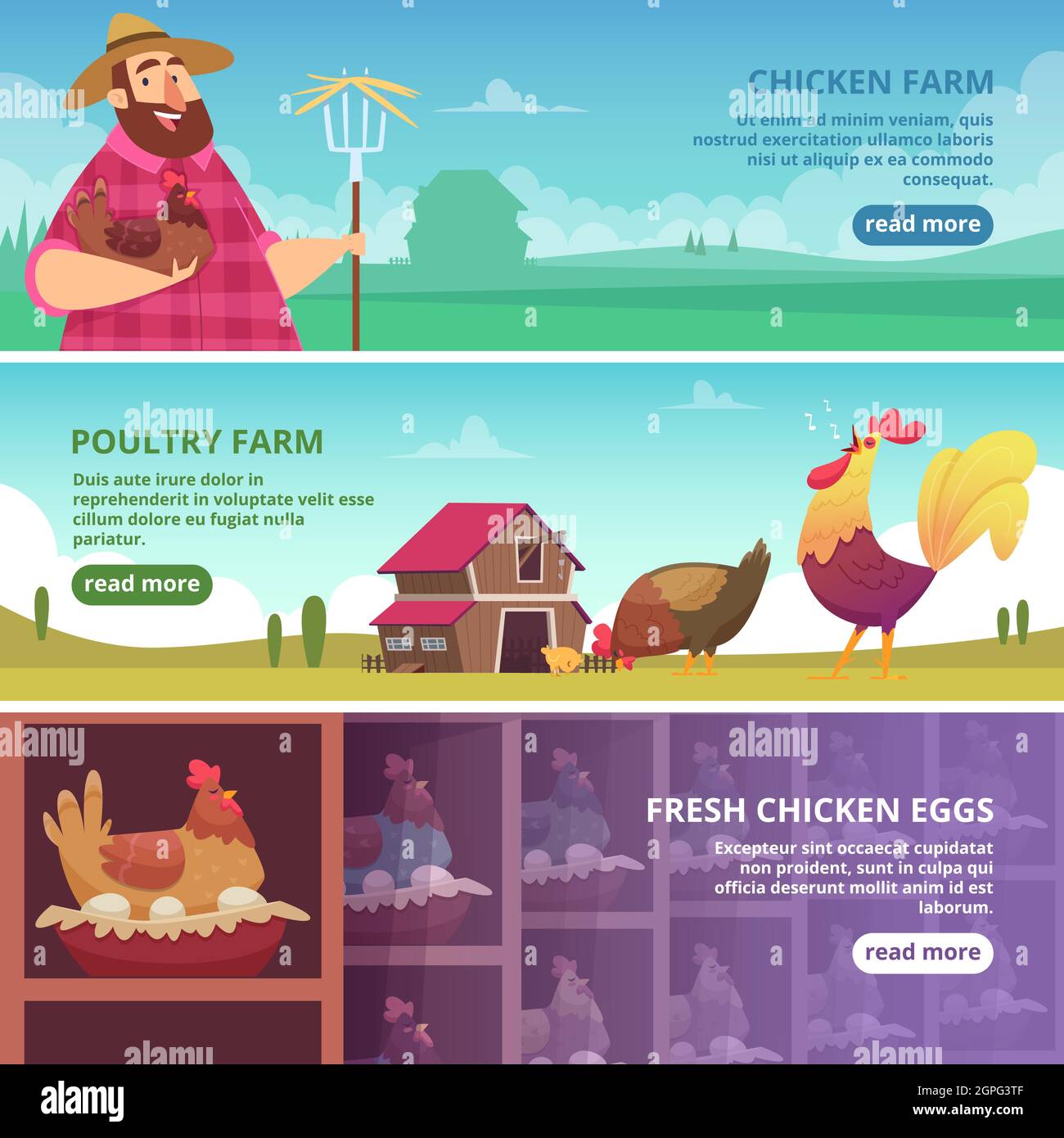 Chicken farm banners. Farmer breeding eco domestic birds fresh eggs ...