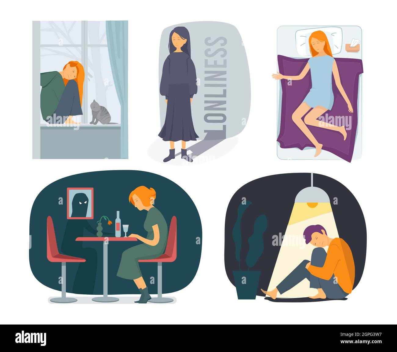 Loneliness characters. Stressed depressed people bad psychical rain at ...