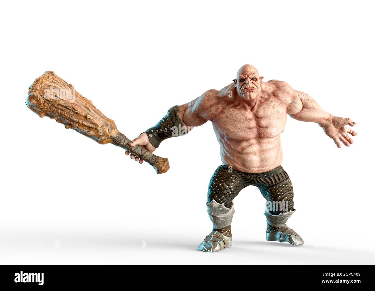 ogre man is holding a club is ready for action in white background, 3d ...