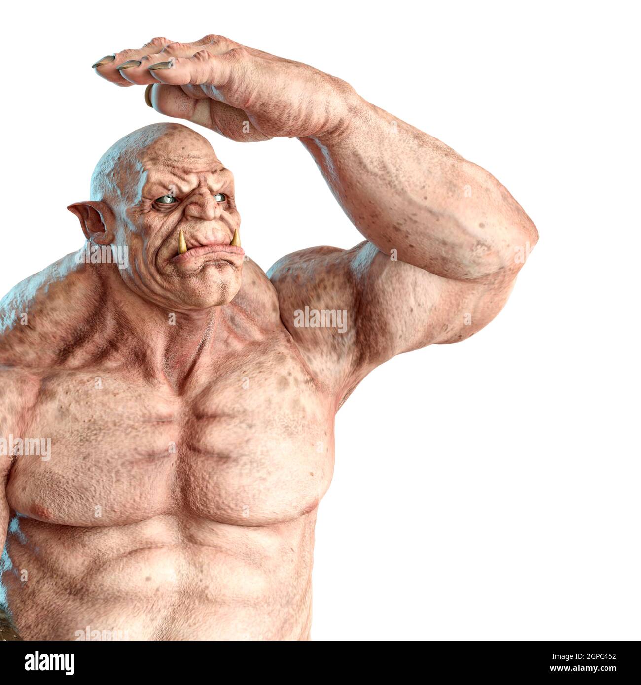 ogre man is looking around in white background close up, 3d ...