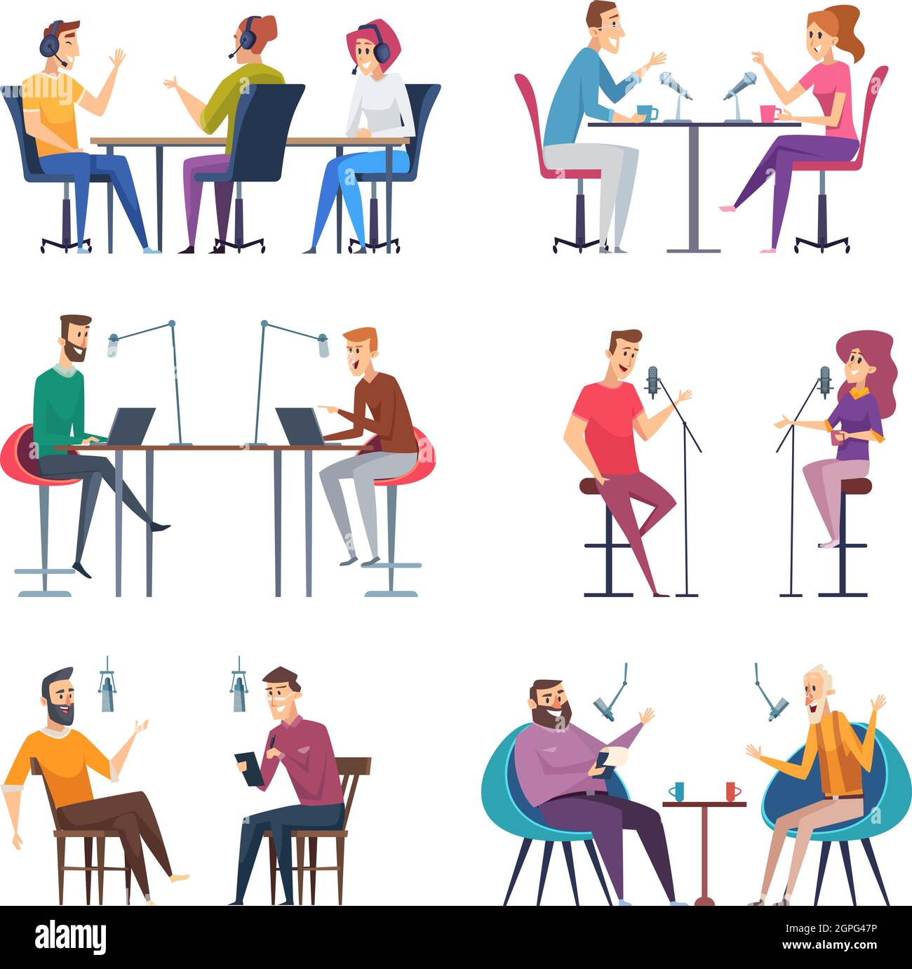 Broadcasting studio. Characters making music microphone and headset ...