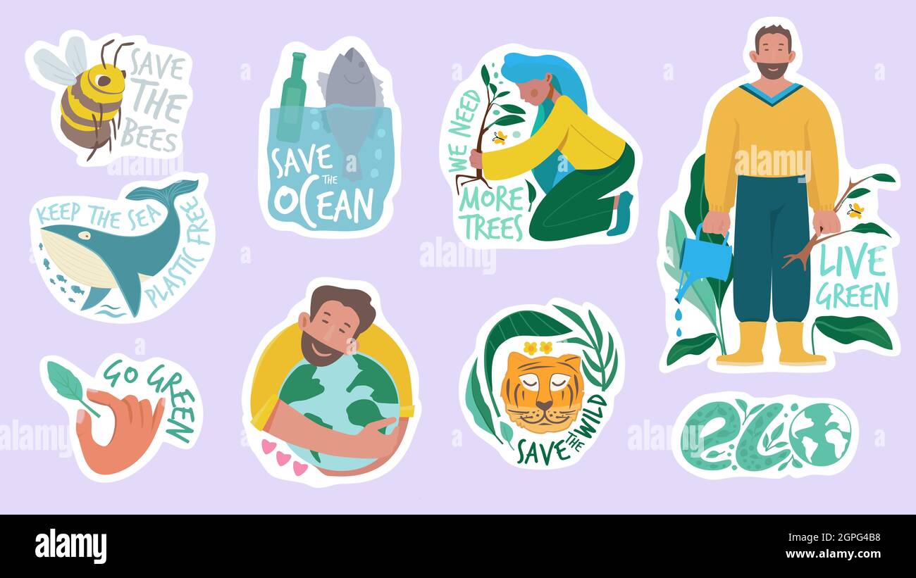 Ecology sticker. Green planet save earth protection environment eco ...