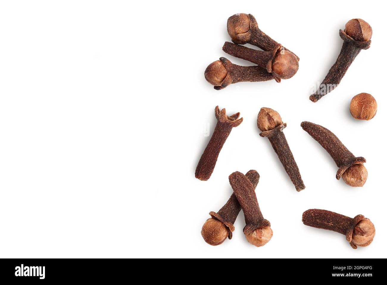 Dry spice cloves isolated on white background. Top view with copy space ...