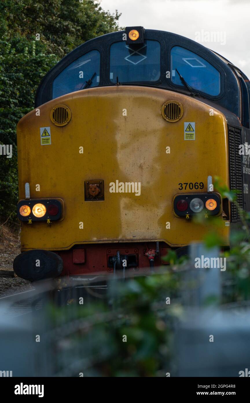 Close up of an approaching British Rail diesel older style locomotive ...