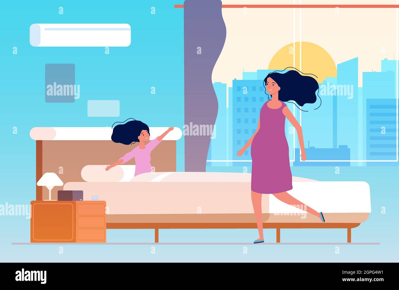 Waking up little girl. Mother and daughter in morning room. Say hello ...