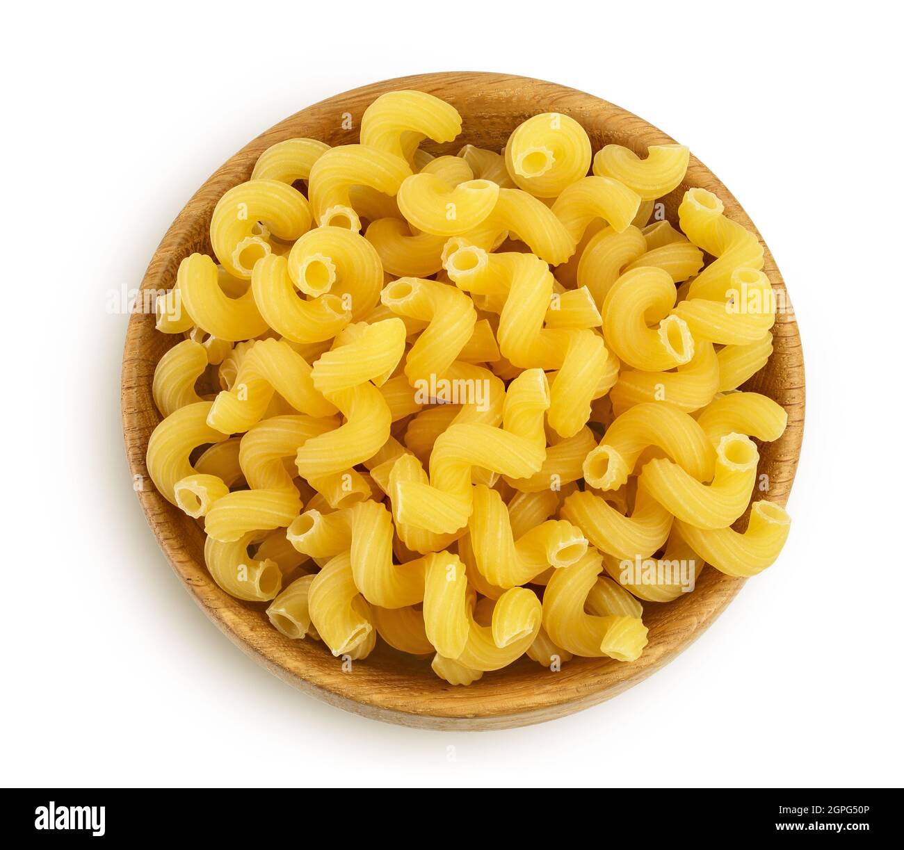 raw pasta cavatappi in wooden bowl isolated on white background with ...