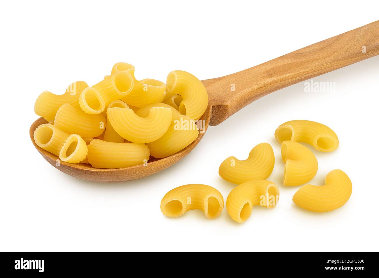 raw macaroni pasta in wooden spoon isolated on white background with ...