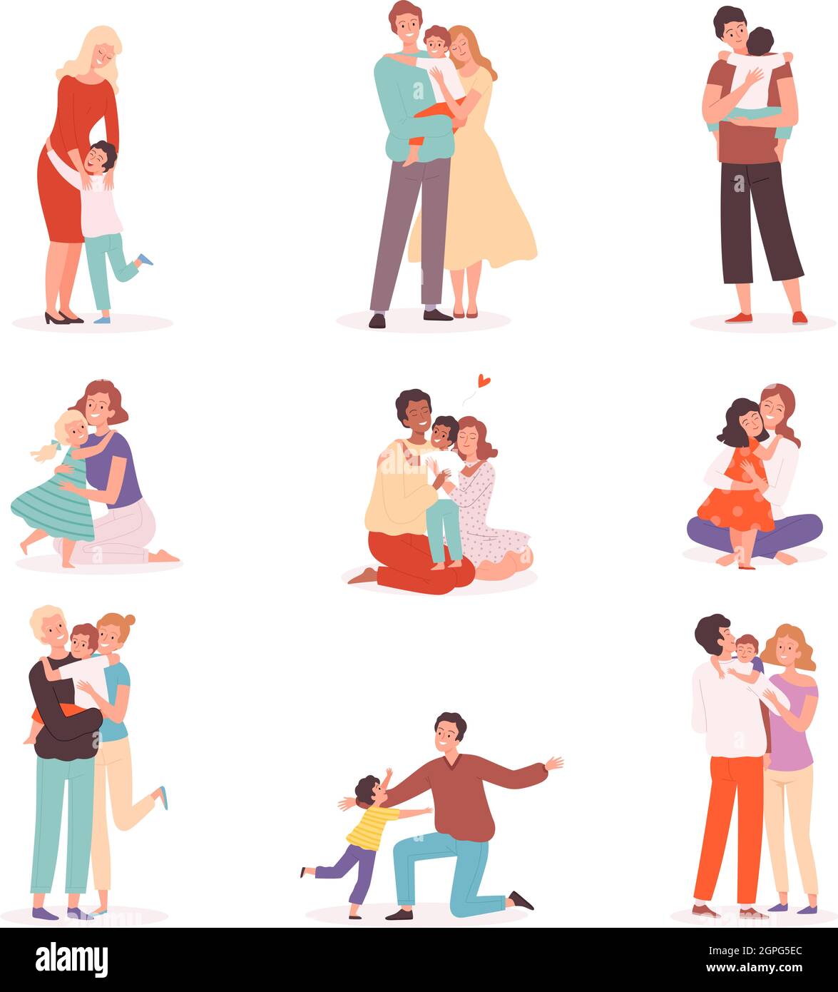 Family embrace. Happy parents hugging smiling kids comforted childhood ...