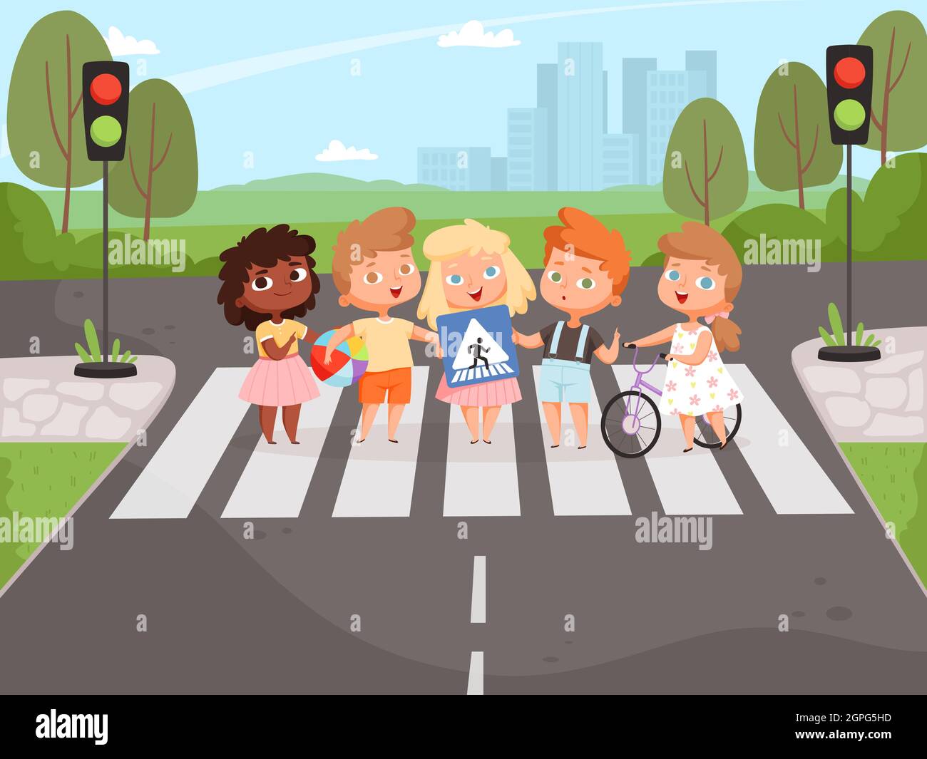 Crossroad rulles. Children learning safety road traffic lights on ...