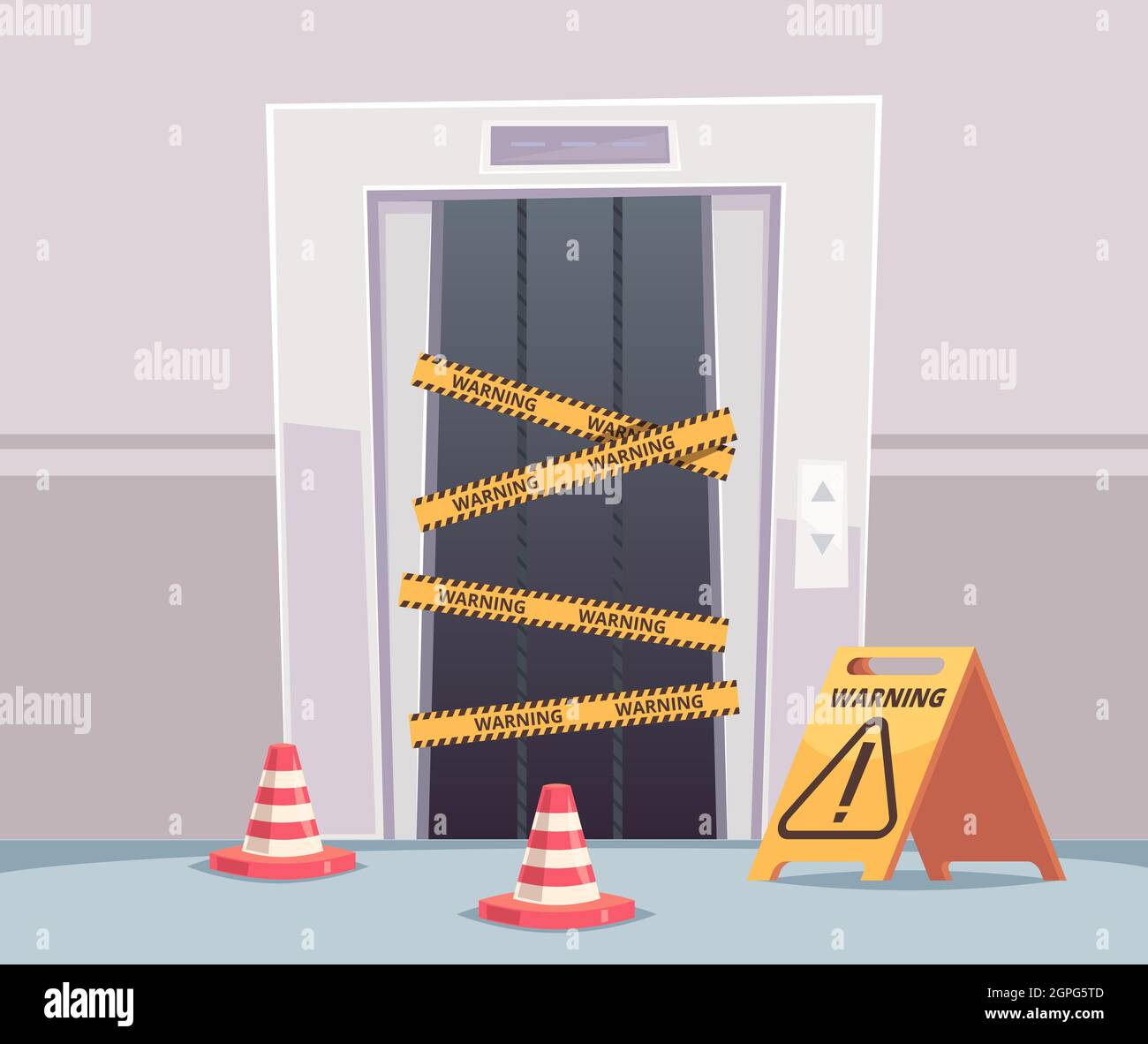Elevator repair. Business office with closed damaged elevator doors under construction vector ...