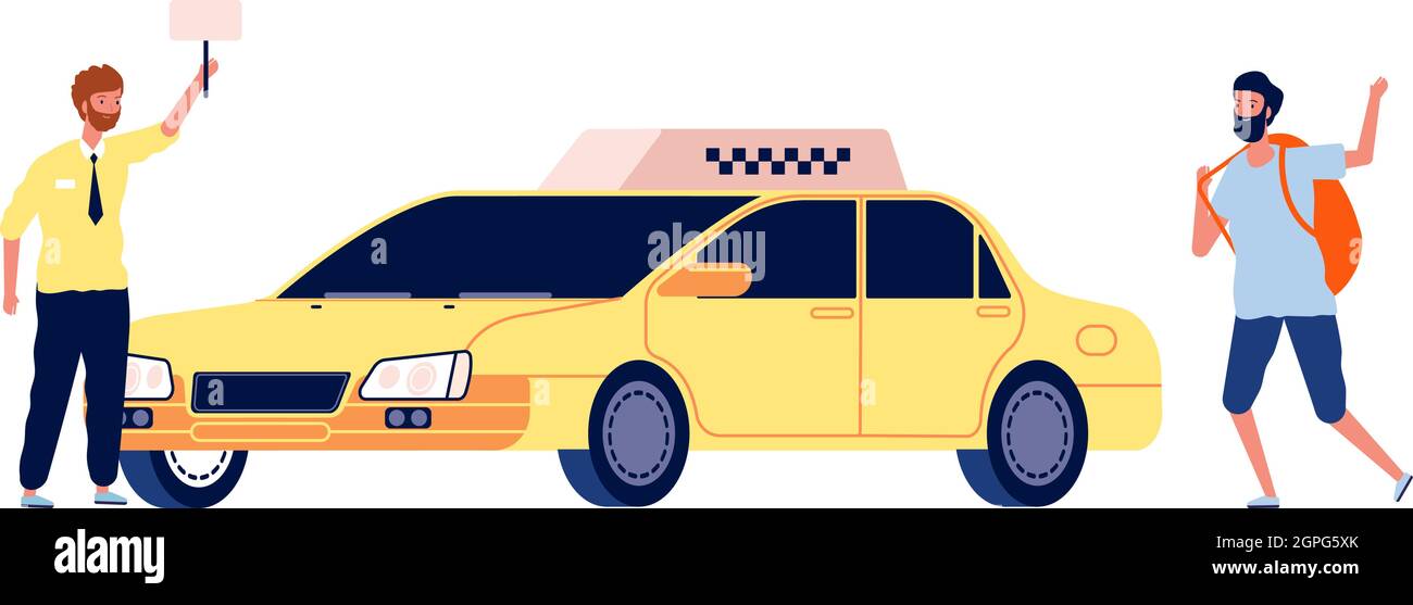 Driver and traveler. Tourist catches taxi, man stop yellow car. Travel ...