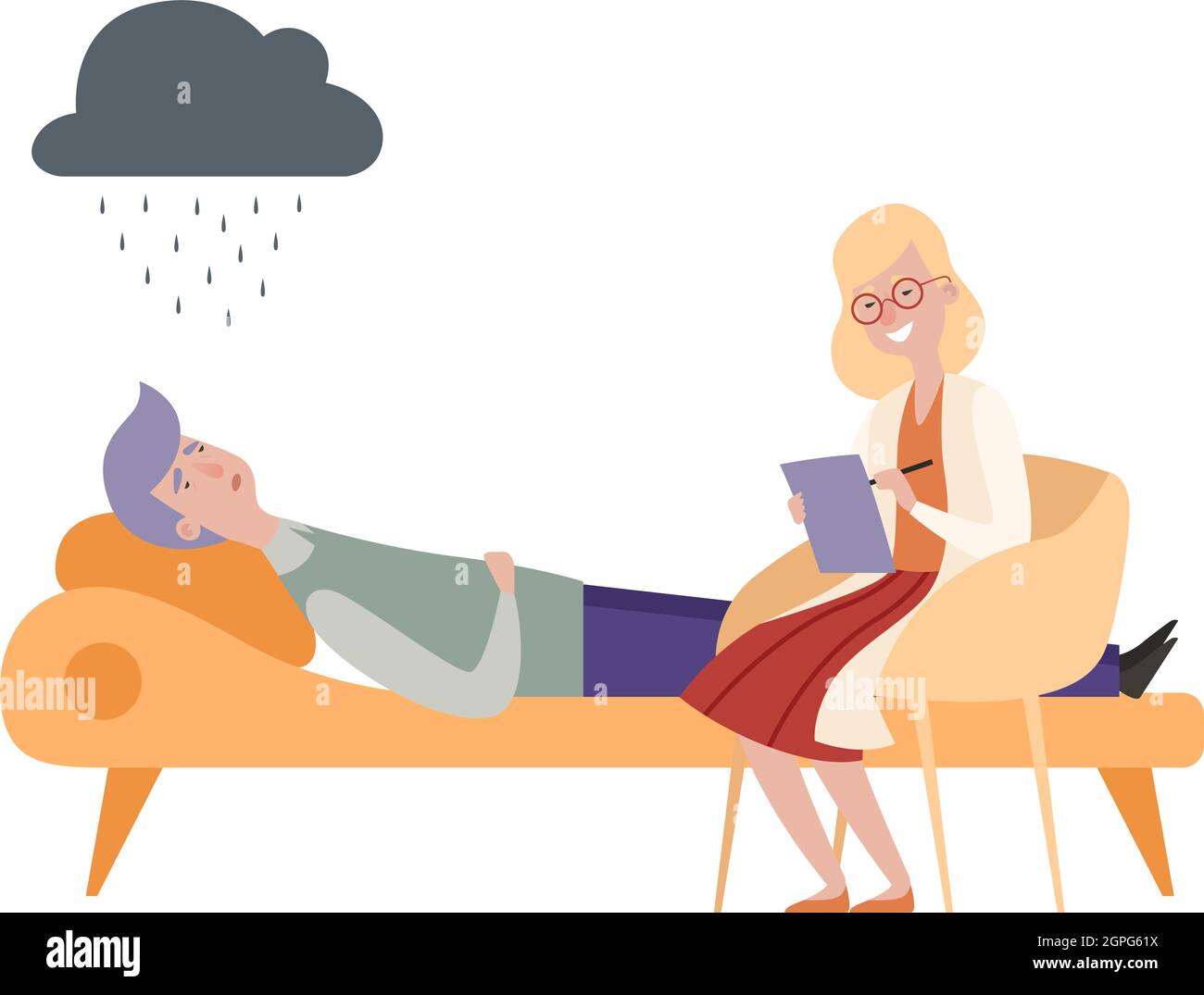 Psychotherapy session. Female doctor, depressed man on couch. Flat ...