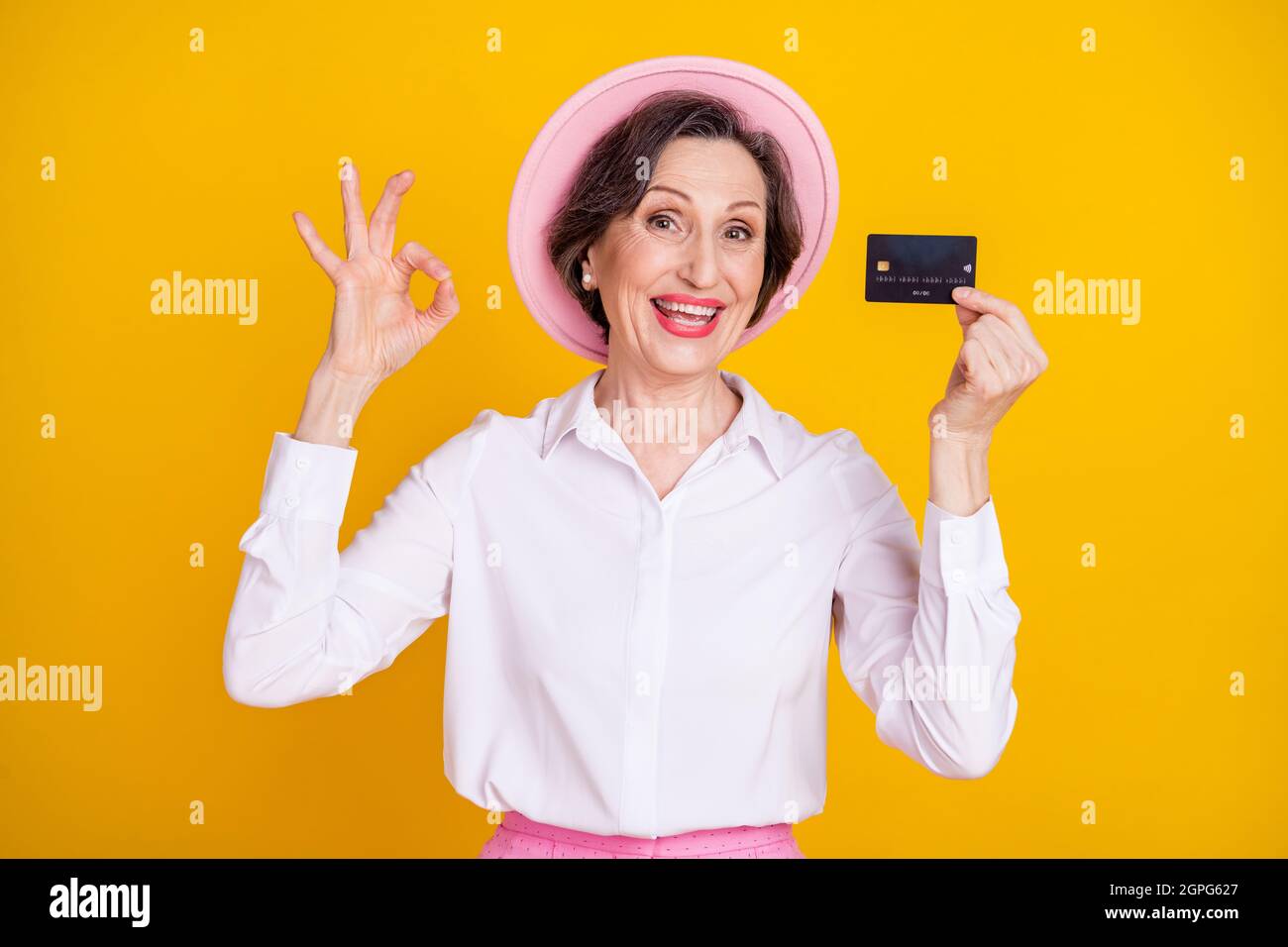 Photo of mature business woman happy positive smile show okay sign cool ...