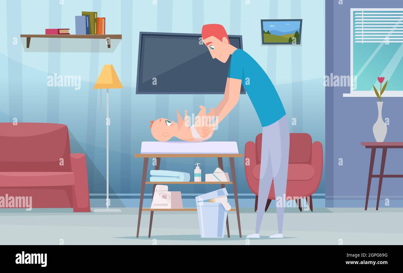 Change diapers. Happy parents care to their baby change diapers with ...