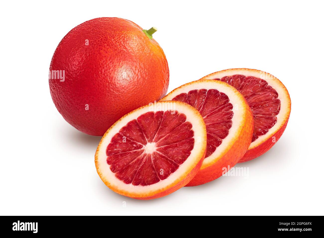 Blood red oranges with slices isolated on white background with ...