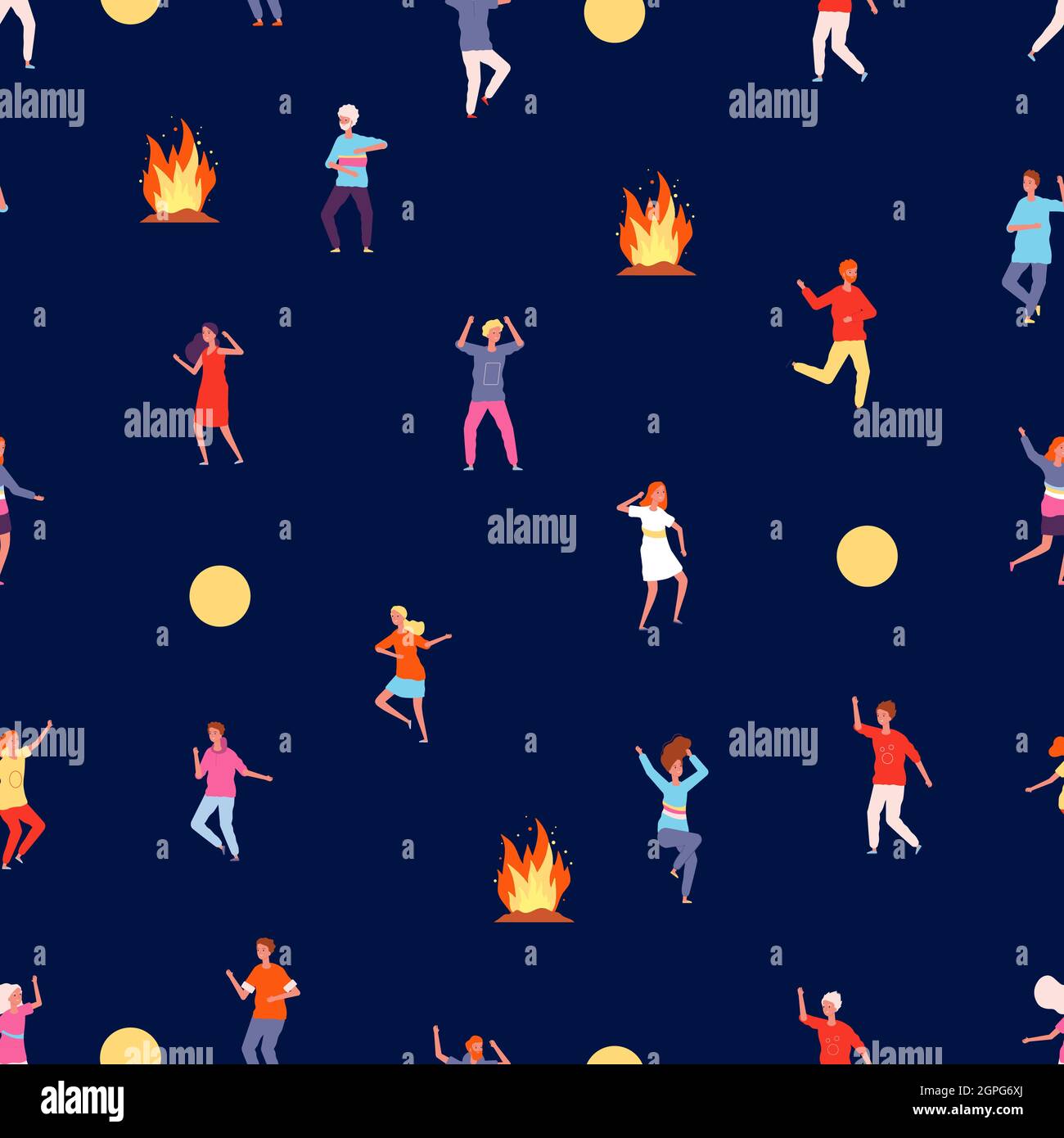 People dancing at night. Party pattern on nature, fire and happy boy ...