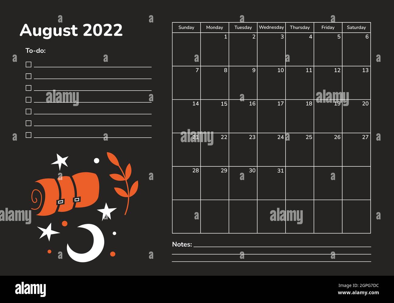 Horizontal planner 2022. August calendar page. Organizer scheduler ...