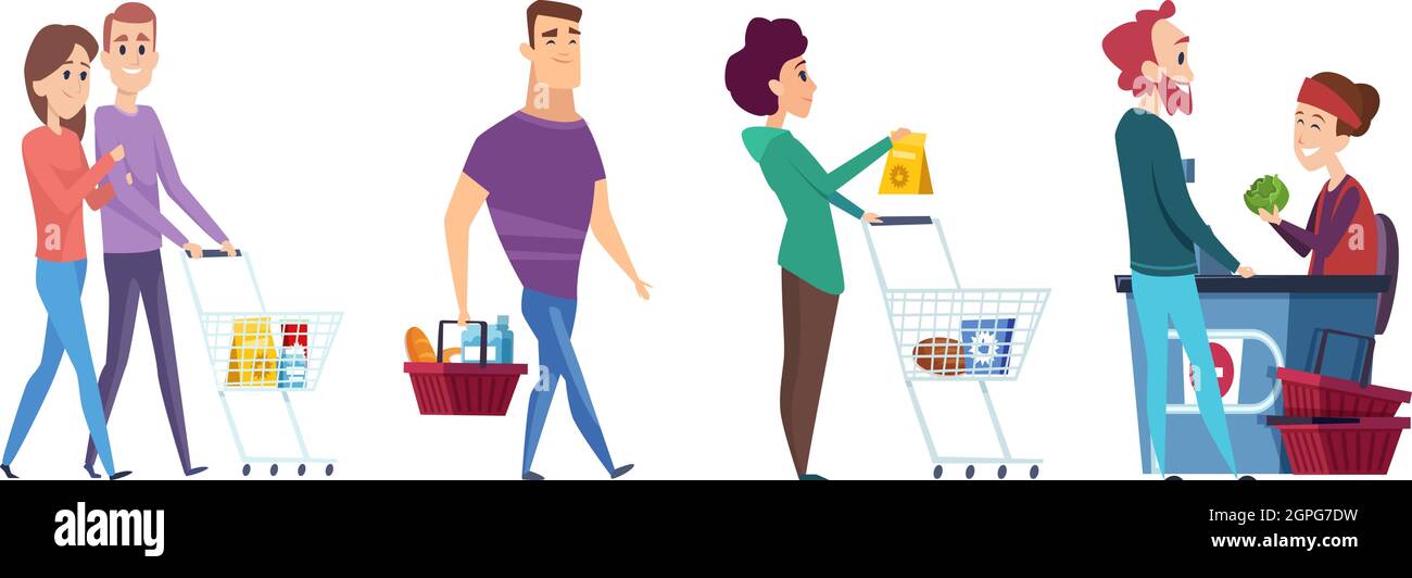 Supermarket queue. Grocery store waiting line, customers with carts and ... Supermarket queue. Grocery store waiting line, customers with carts and ...