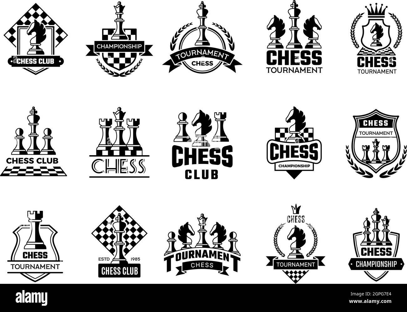 Chess labels. Sport stylized silhouettes of chess figures knight rook ...