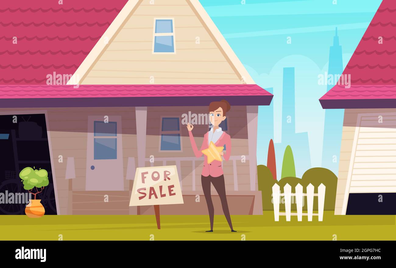 House for sale. Suburb lifestyle, realty agent and building. Cartoon ...