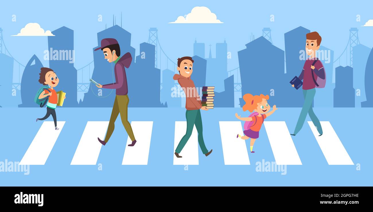 People cross road. Teenagers children at pedestrian crossing. Safety ...