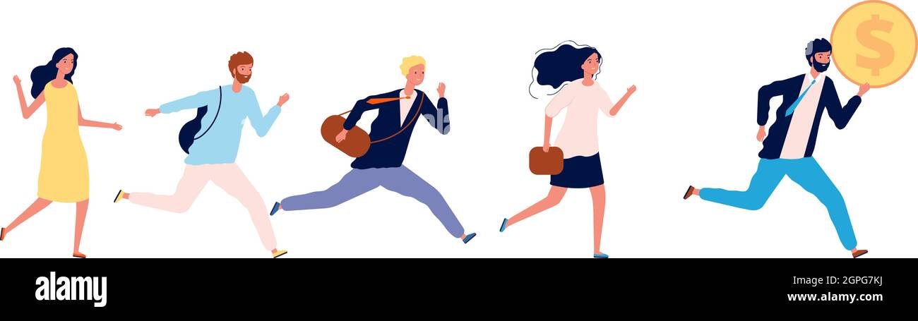 People running to money. Successful businessman with coin, business ...