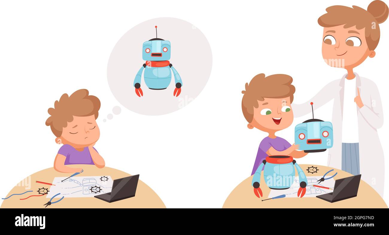 Boy need help. Little guy sad, child studying robotics. Teacher and ...