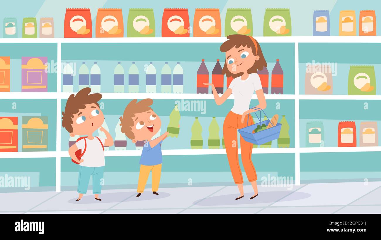 Family in grocery store. Mother son shopping in supermarket. Children ...