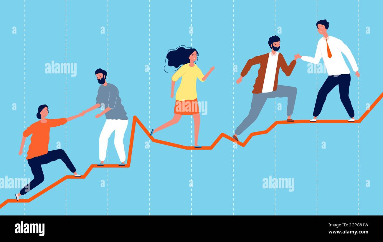 Teamwork. Leadership concept, business team climbing on economic graph ...