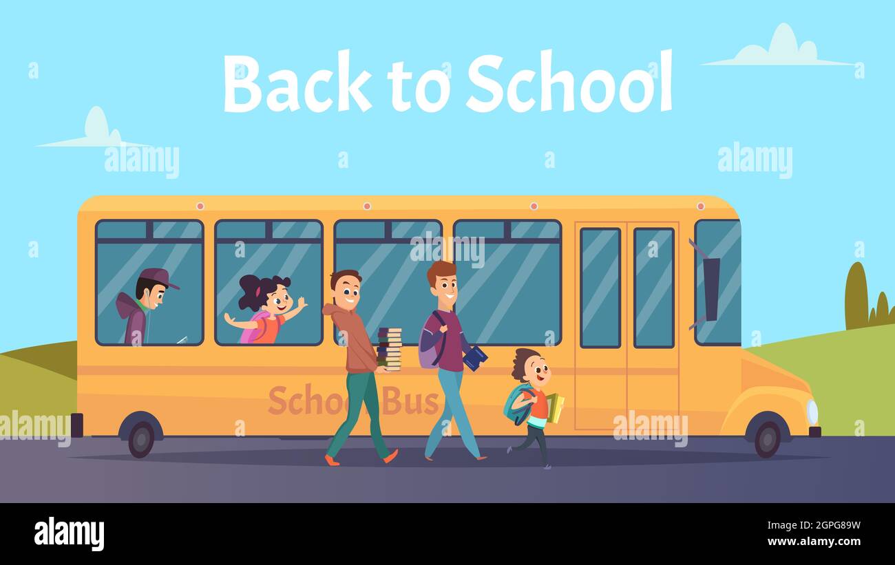 School bus. Students transportation, happy boya girls go to study ...