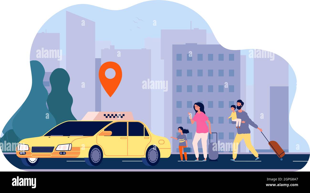 Family trip. Mother daughter and dad go to taxi vector illustration ...