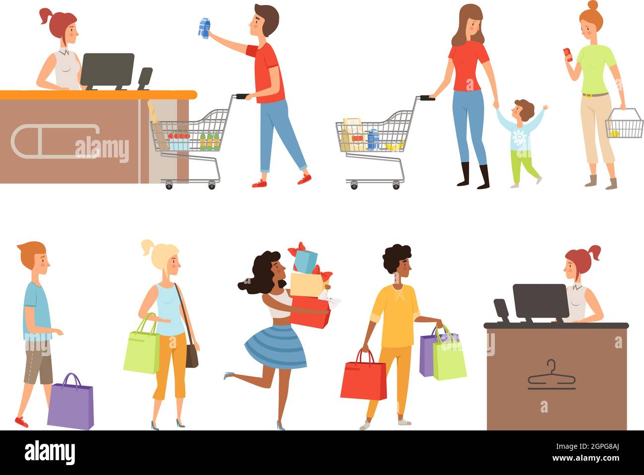 People queue. Grocery store customers, apparel shop or mall shoppers ...