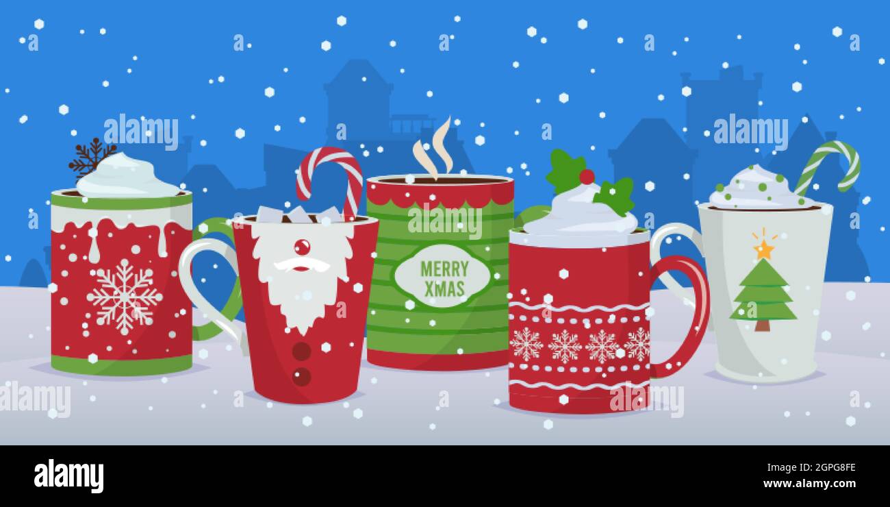Hot drinks. Winter Christmas mugs background, holiday cocoa coffee ...