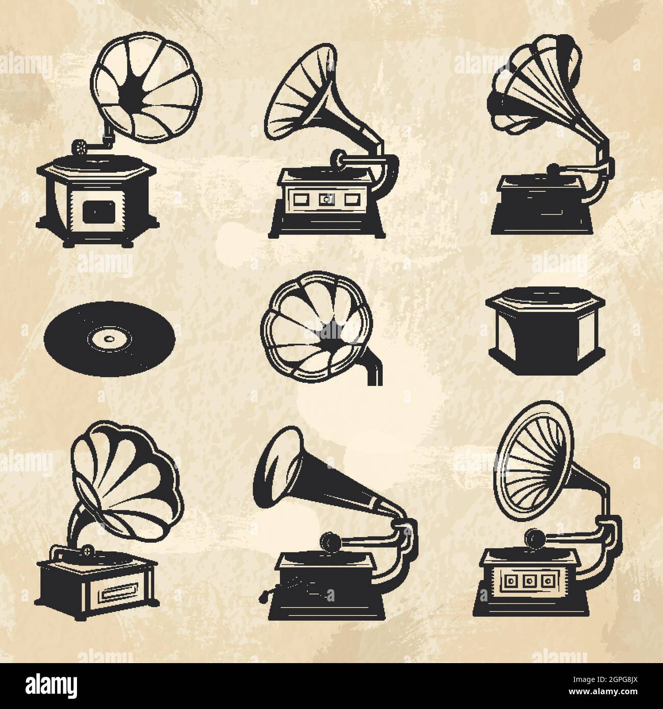 Gramophones collection. Vintage radio music symbols vinyl records ...