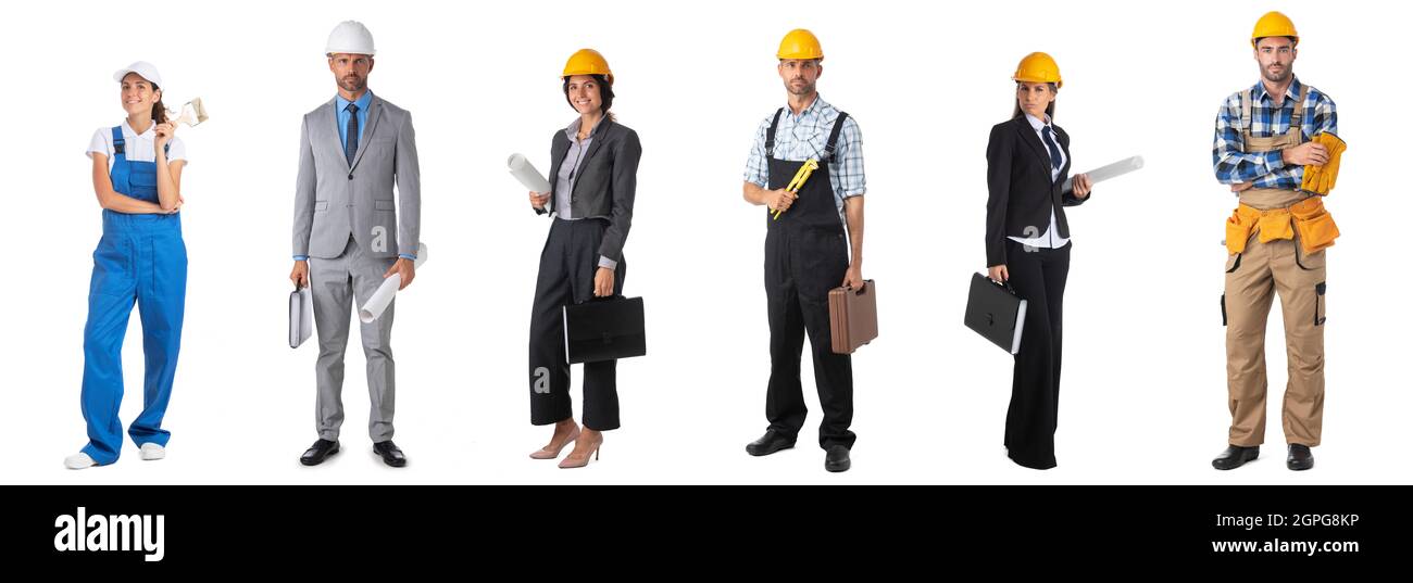 Collection of full length portraits of construction industry workers ...