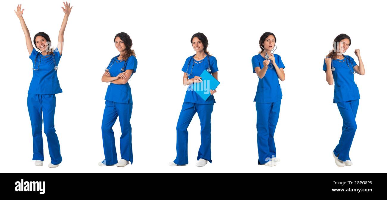 Set of Full length portraits of beautiful young woman female nurse ...