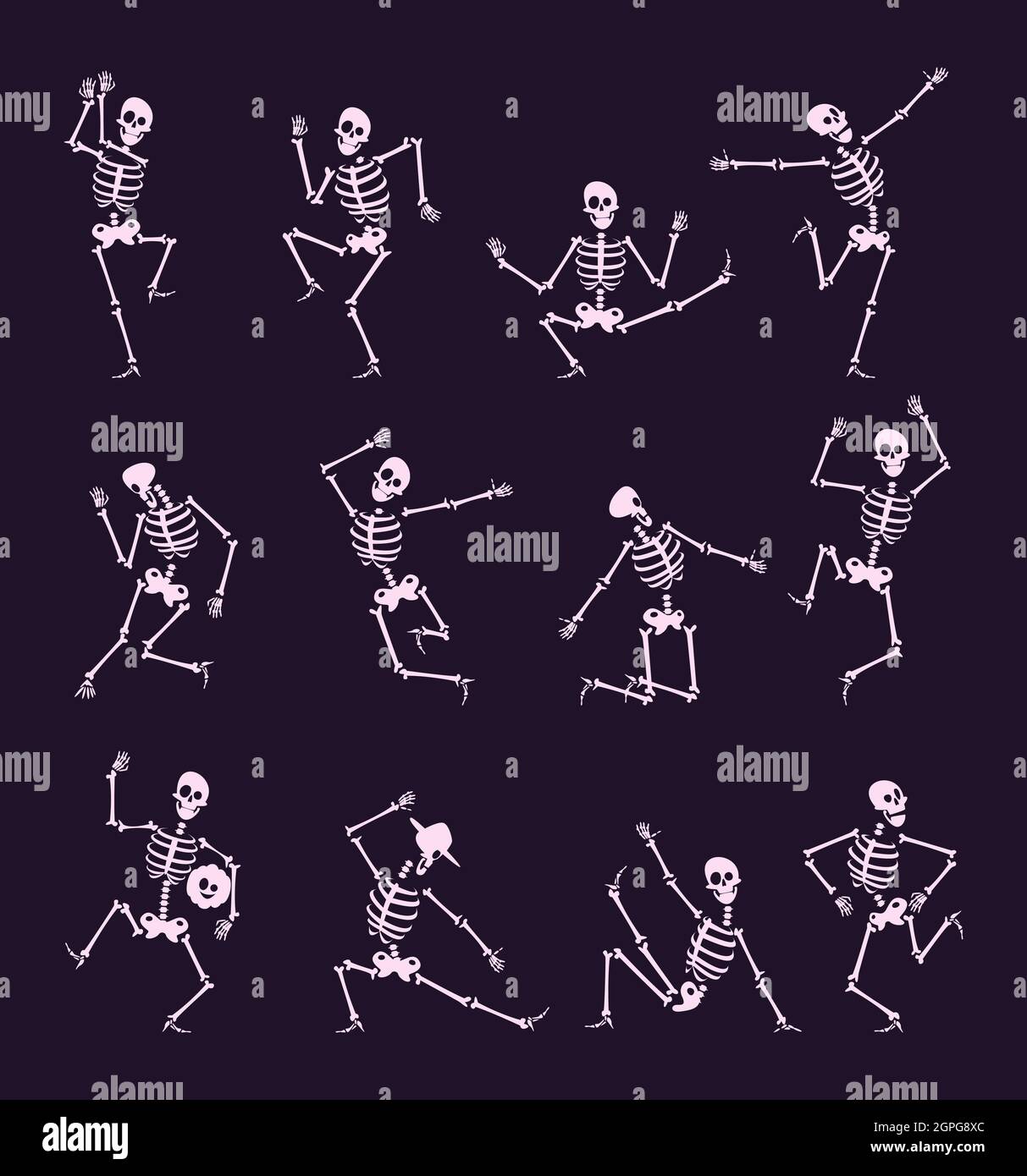 Skeleton party. Undead with skull and bones halloween dancer in funny ...