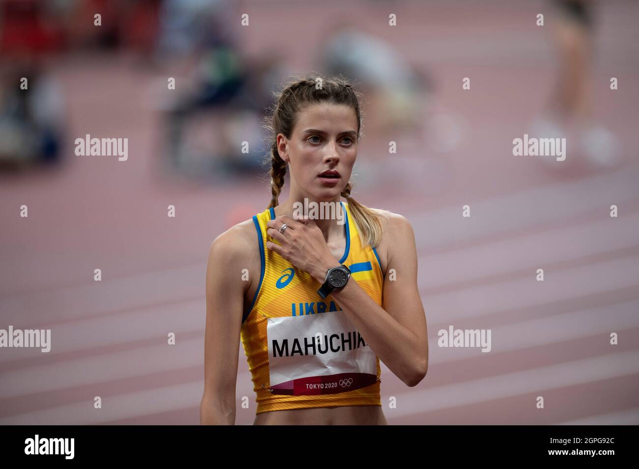 Yaroslava Mahuchikh participating in the high jump at the Tokyo 2020 ...
