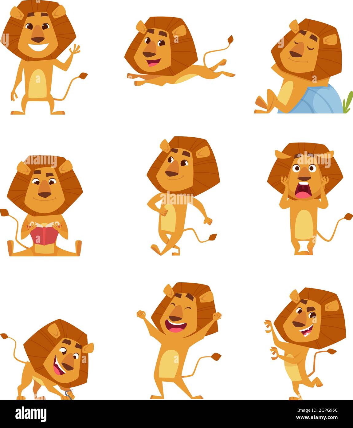 Wild lion cartoon. Cute african big lions mascot in various poses ...