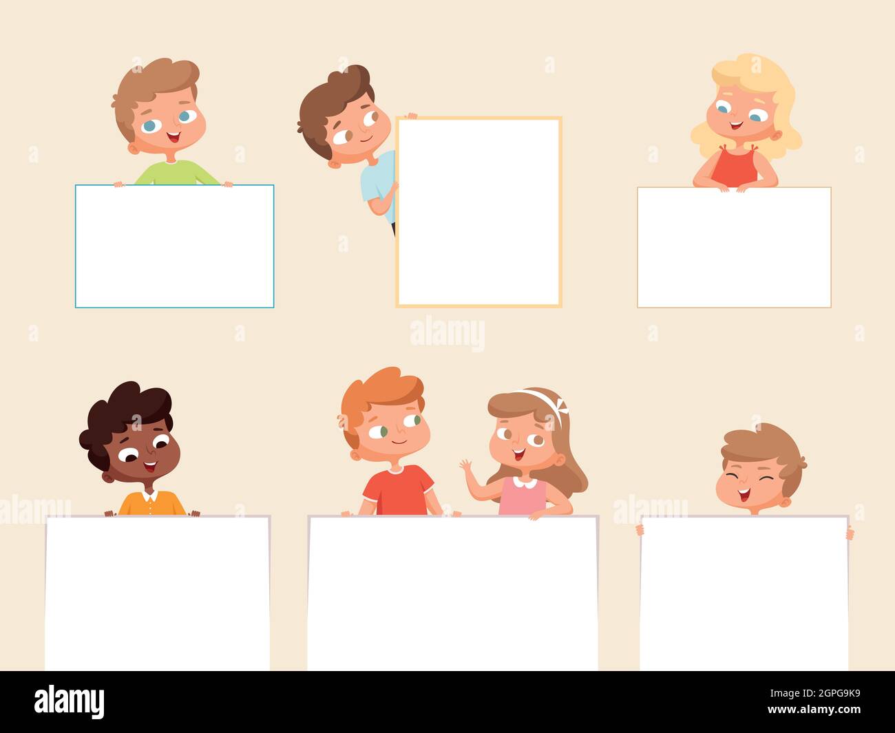 Kids holding banner. Empty posters or frames for text blank banner with ...