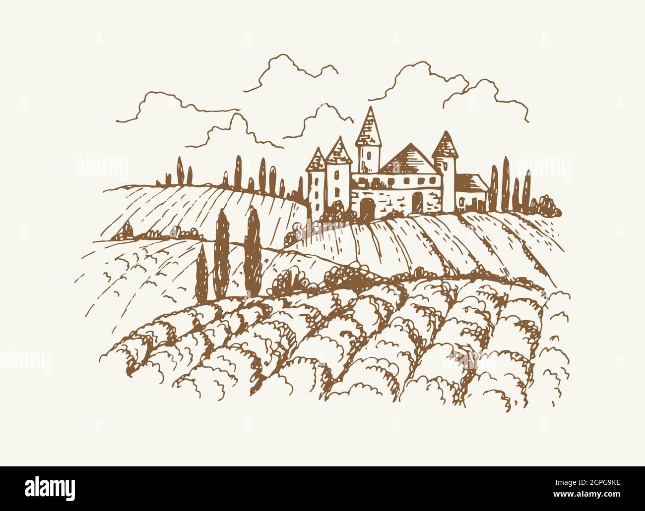 Italian vineyard landscape. Sketch of vintage medieval house and garden, trees or vine ...