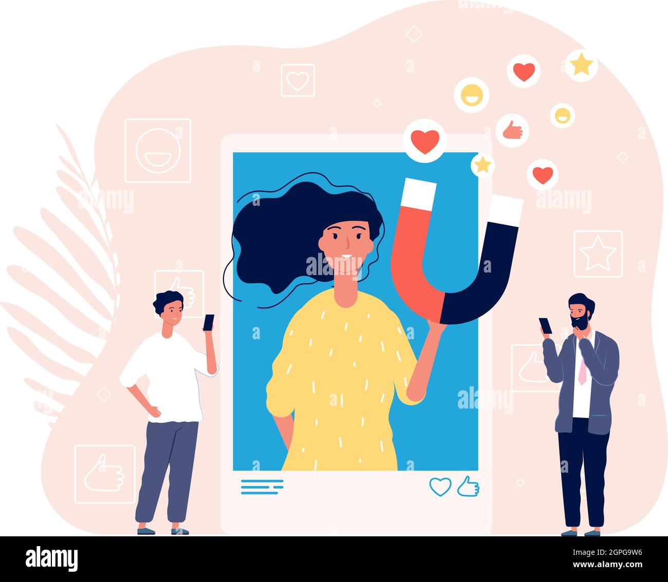 Like addiction. Woman photo selfie, addict of social media. Man likes ...