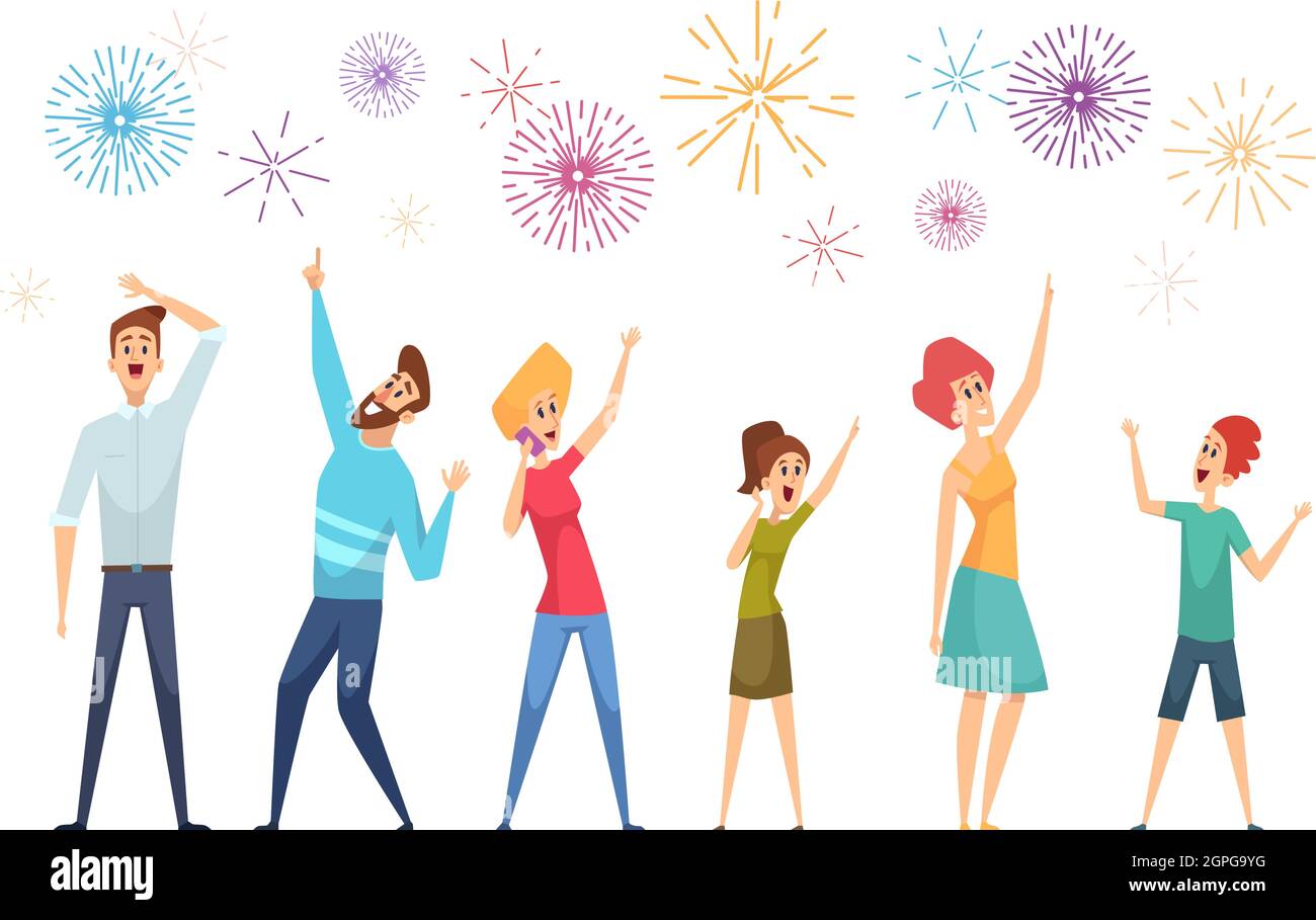 People watching salute. Festive firework and happy crowd adults and ...