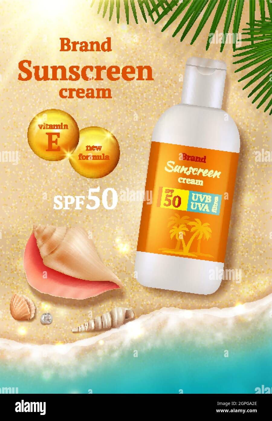Sunscreen ads poster. Beauty cosmetic sunblock sand water and seashells ...