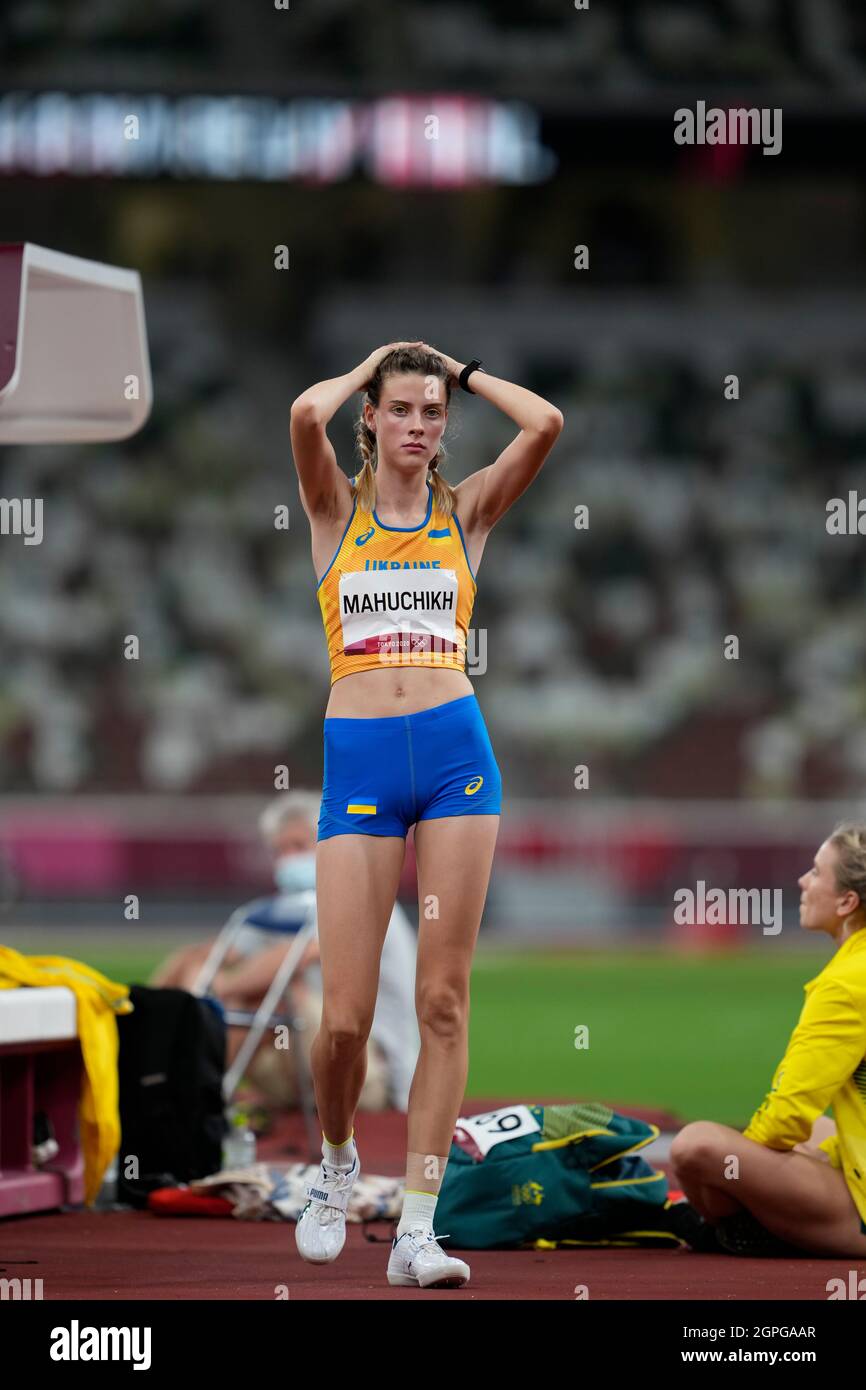 Yaroslava Mahuchikh participating in the high jump at the Tokyo 2020 ...