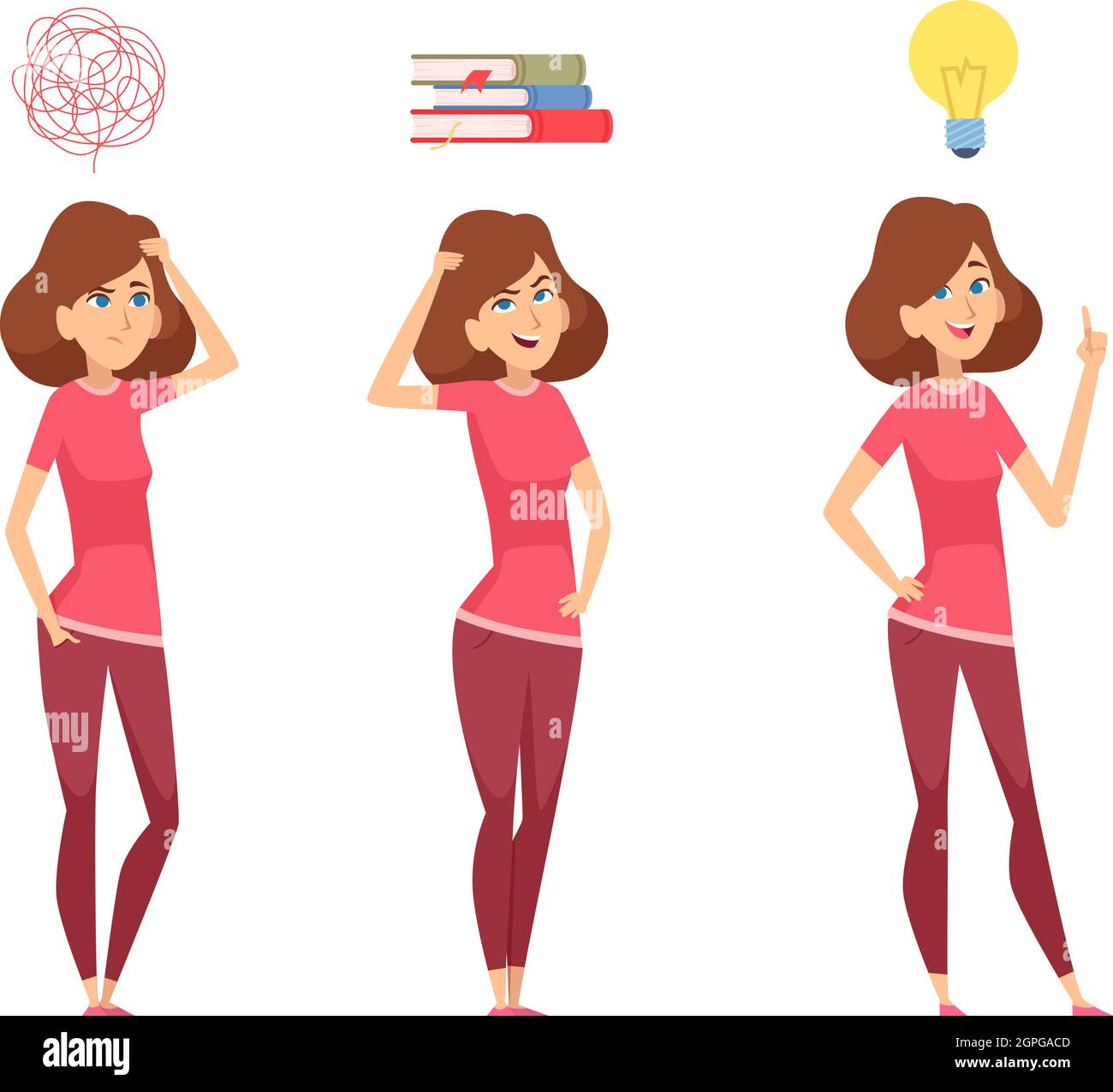 Woman find solution. Thinking girl, isolated female looking for answers ...