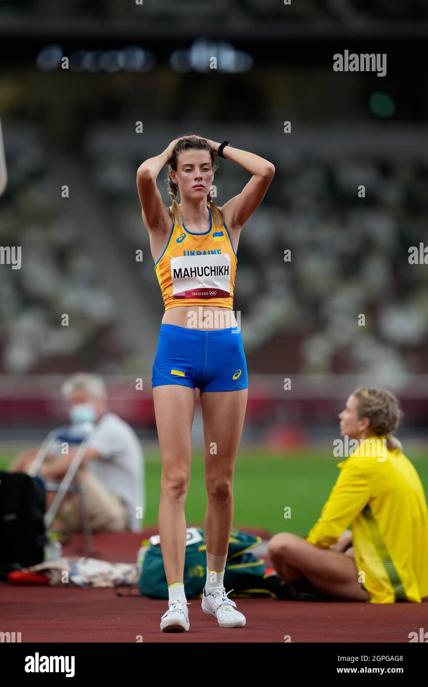 Yaroslava Mahuchikh participating in the high jump at the Tokyo 2020 ...