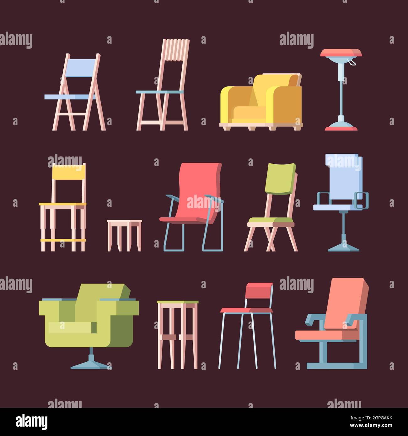 Chairs collection. Front view elegant furniture for home modern style ...